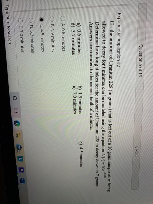 Solved Question 5 of 16 8 Points Exponential Application #2 | Chegg.com
