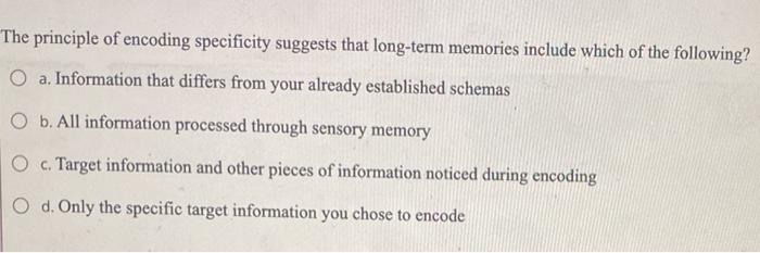 Solved The Principle Of Encoding Specificity Suggests That