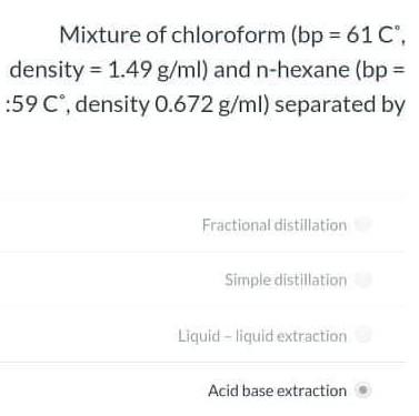 Solved Mixture of chloroform (bp = 61 C", density = 1.49 | Chegg.com