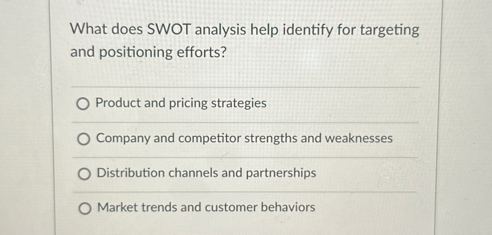 Solved What does SWOT analysis help identify for targeting | Chegg.com