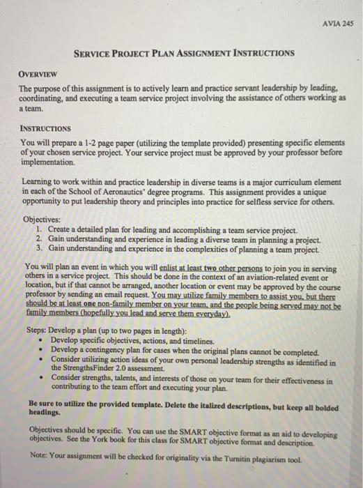 AVIA 245 SERVICE PROJECT PLAN ASSIGNMENT INSTRUCTIONS Chegg