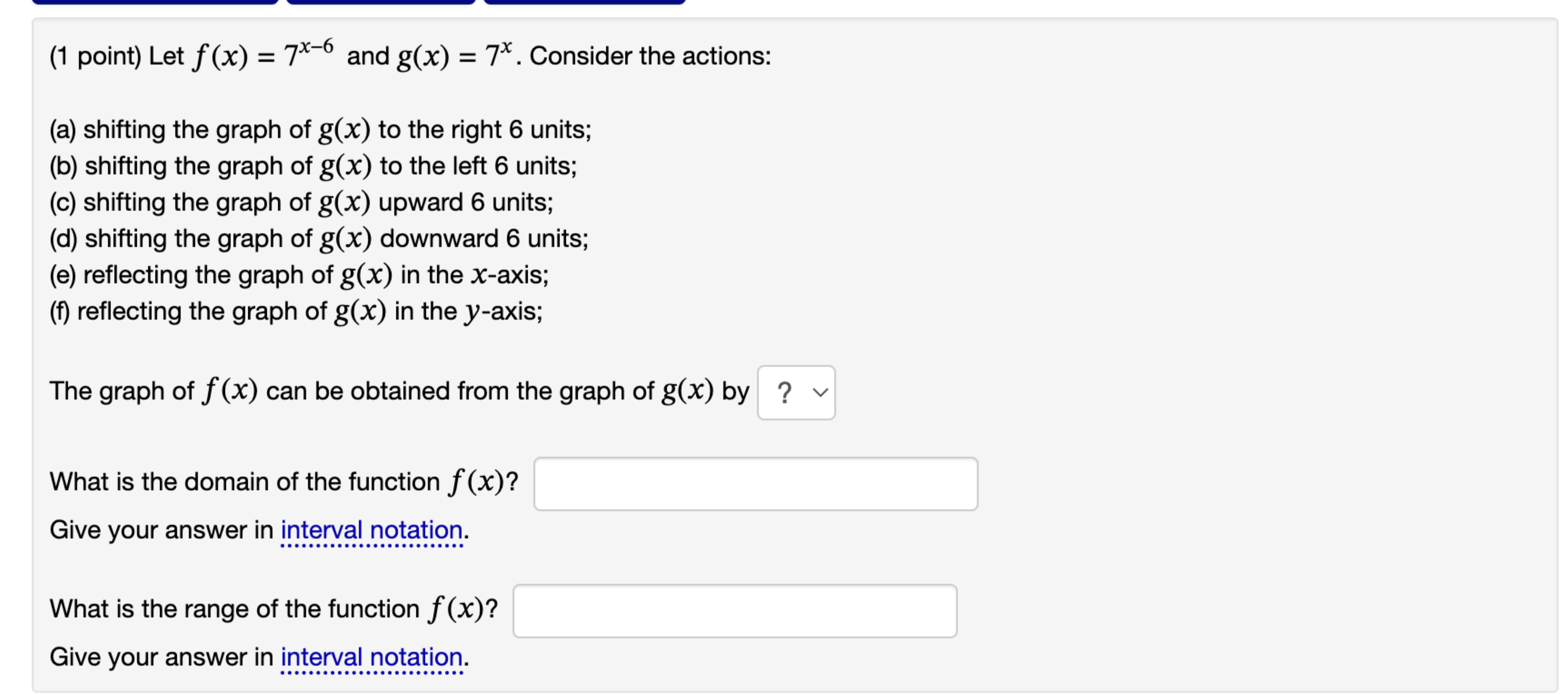 Solved (1 ﻿point) ﻿Let f(x)=7x-6 ﻿and g(x)=7x. ﻿Consider the | Chegg.com
