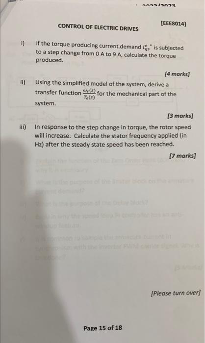 Solved CONTROL OF ELECTRIC DRIVES [EEE8014] 5b) An induction | Chegg.com