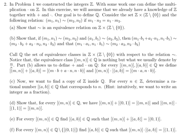 Solved 2. In Problem 1 we constructed the integers Z. With | Chegg.com