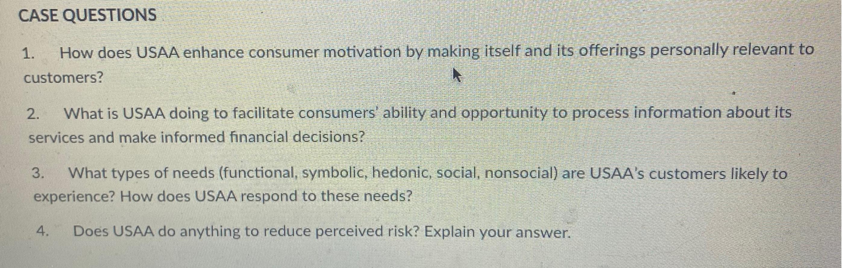 Solved CASE QUESTIONSHow does USAA enhance consumer | Chegg.com
