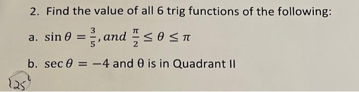 Solved 2. Find the value of all 6 trig functions of the | Chegg.com