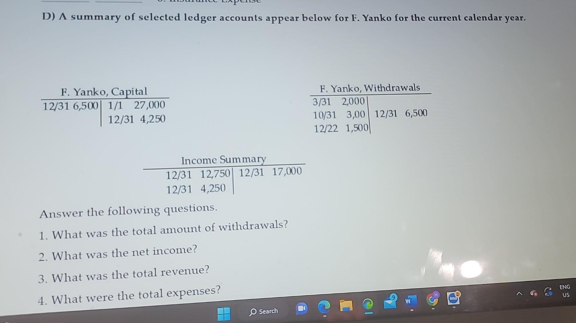 Solved D) A summary of selected ledger accounts appear below | Chegg.com
