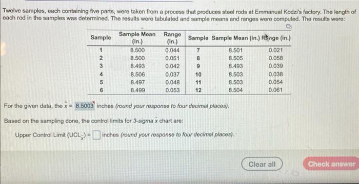 Solved 12 samples each containing five parts were taken from | Chegg.com