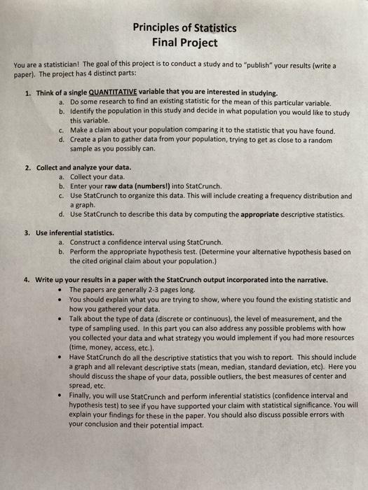 Principles of Statistics Final Project You are a | Chegg.com