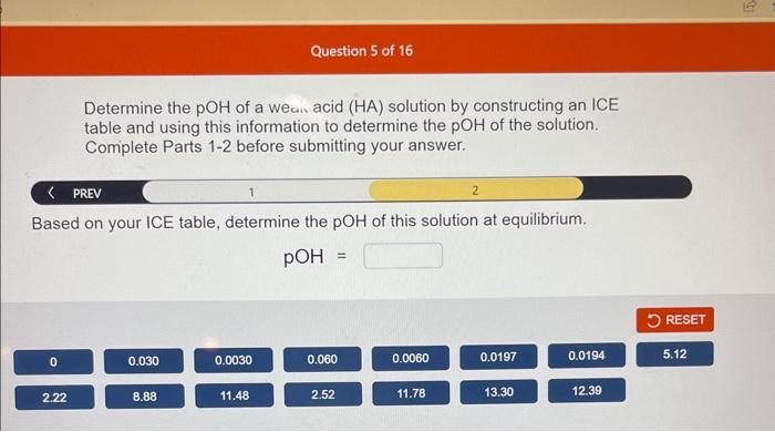 Solved Determine the pOH of a weak acid (HA) solution by | Chegg.com
