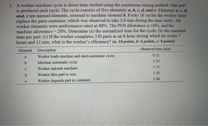 Solved 1. A worker-machine cycle is direct time studied | Chegg.com