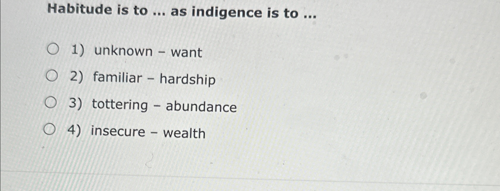 Solved Habitude is to ... ﻿as indigence is to ...unknown - | Chegg.com