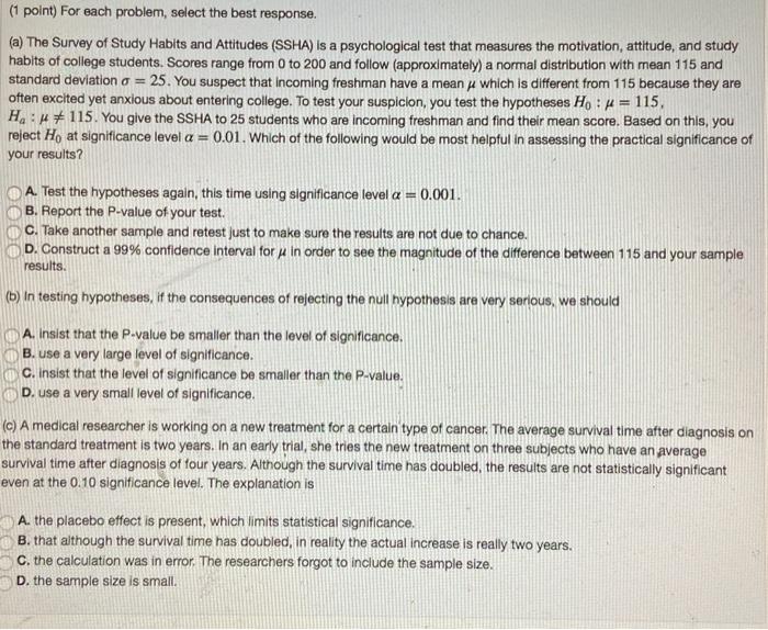 Solved (1 point) For each problem, select the best response. | Chegg.com