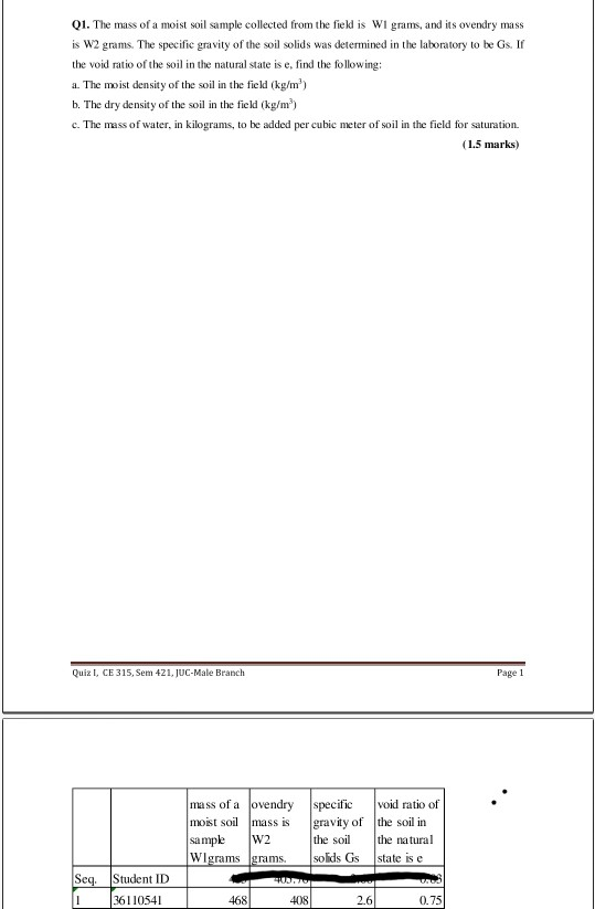 Solved Q1. The mass of a moist soil sample collected from | Chegg.com