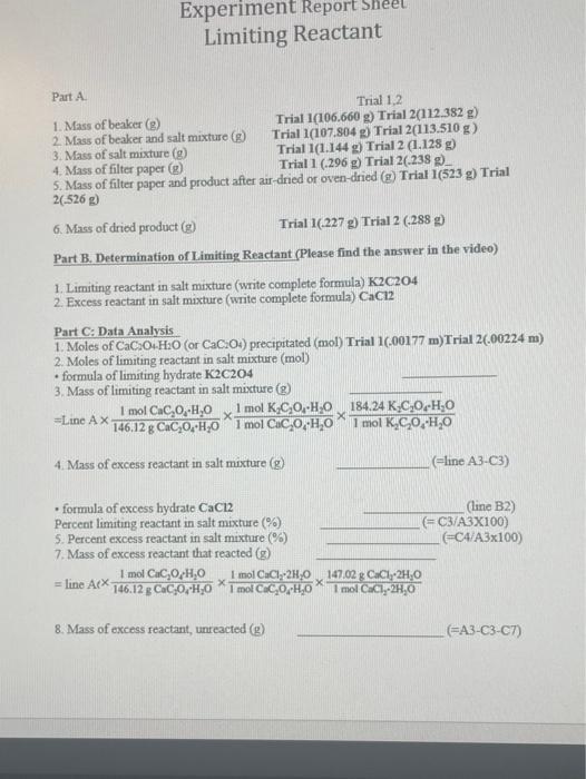 Solved Styles Experiment Report Sheet Limiting Reactant | Chegg.com