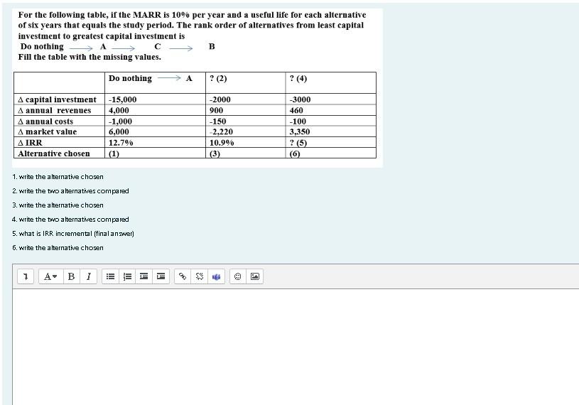 Solved For the following table, if the MARR is 10% per year | Chegg.com