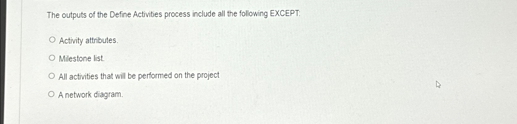 Solved The outputs of the Define Activities process include | Chegg.com
