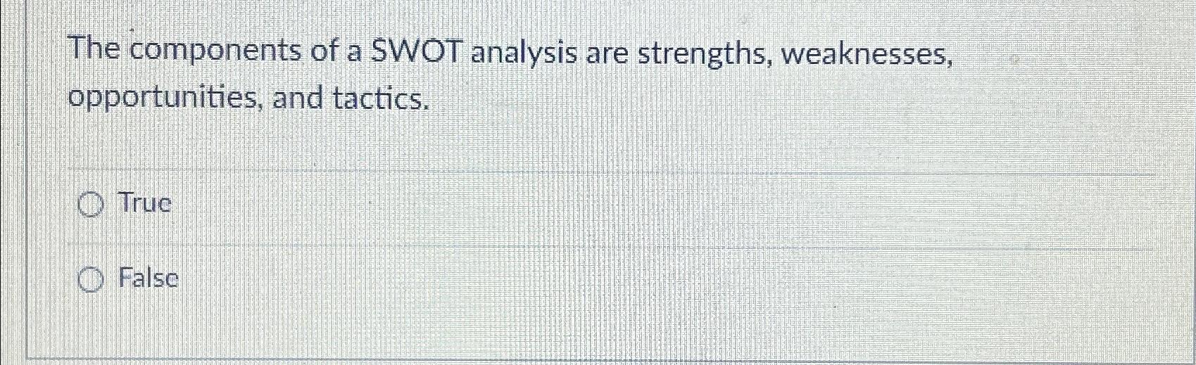 Solved The components of a SWOT analysis are strengths, | Chegg.com