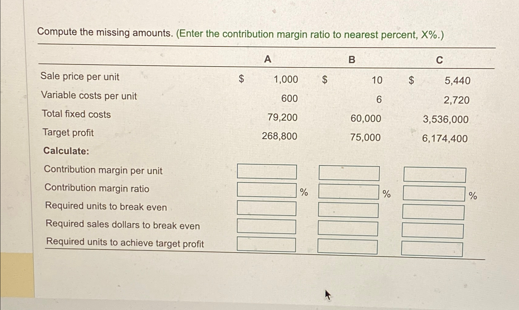 Solved Compute the missing amounts. (Enter the contribution | Chegg.com