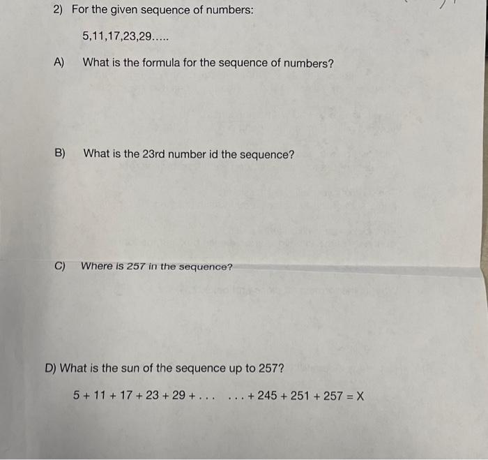 Solved A) What is the formula for the sequence of numbers? | Chegg.com