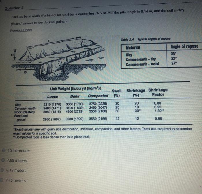 Solved Question 5 Find the base width of a triangular spoil | Chegg.com