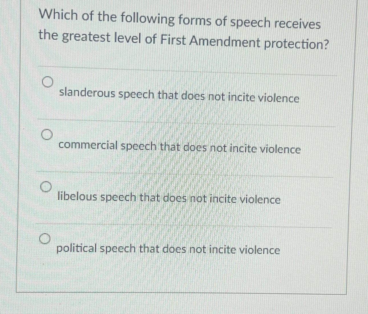 Solved Which of the following forms of speech receives the | Chegg.com