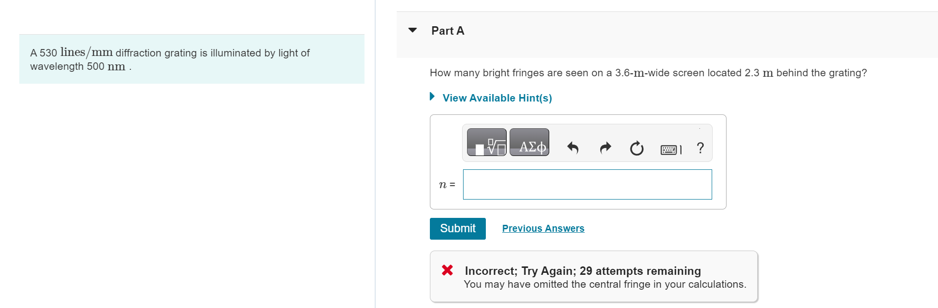 Solved A 530 ﻿lines/mm diffraction grating is illuminated by | Chegg.com