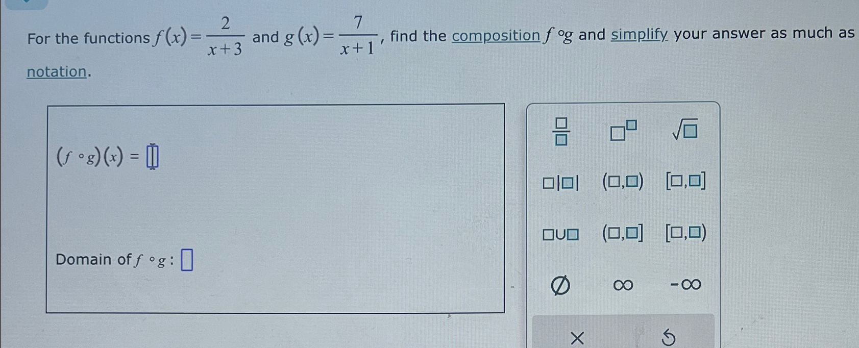 Solved For the functions f(x)=2x+3 ﻿and g(x)=7x+1, ﻿find the | Chegg.com