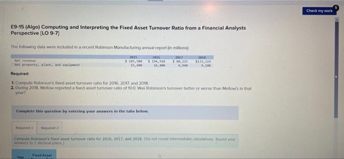 Solved Check my work E9-15 (Algo) Computing and Interpreting | Chegg.com