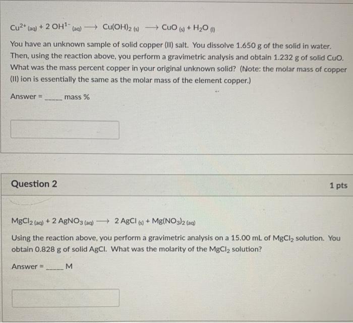 Solved Cu2+ (aq) + 2 OH(aq) Cu(OH)2 (s) - CuO (s) + H2O You | Chegg.com