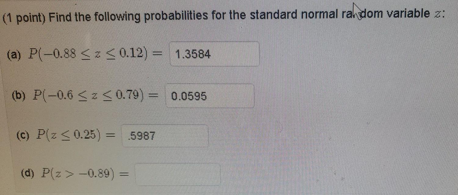 Solved (1 point) Find the following probabilities for the | Chegg.com