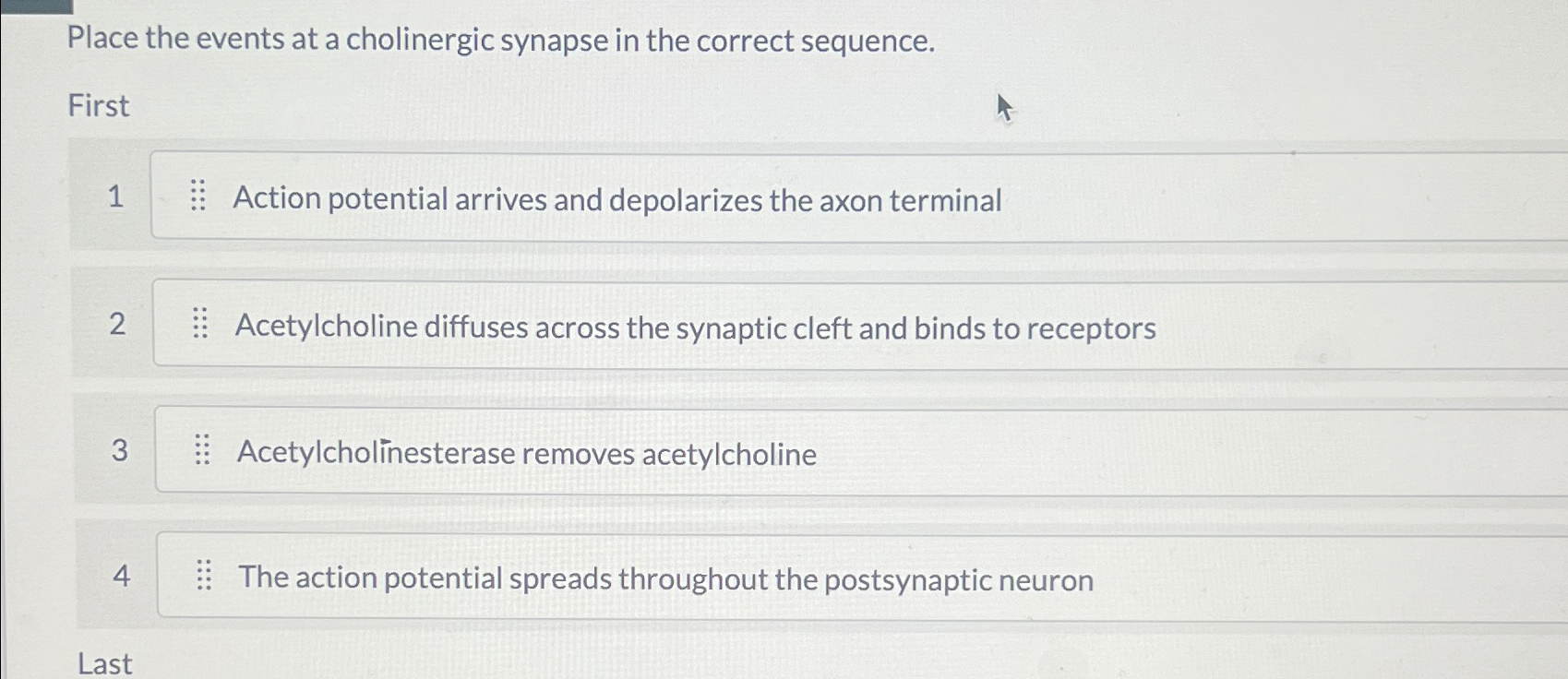 Solved Place the events at a cholinergic synapse in the | Chegg.com