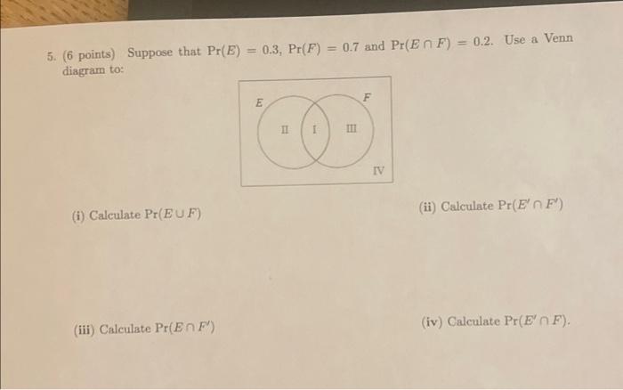 Solved 5. (6 points) Suppose that Pr(E)= 0.3, Pr(F) diagram | Chegg.com