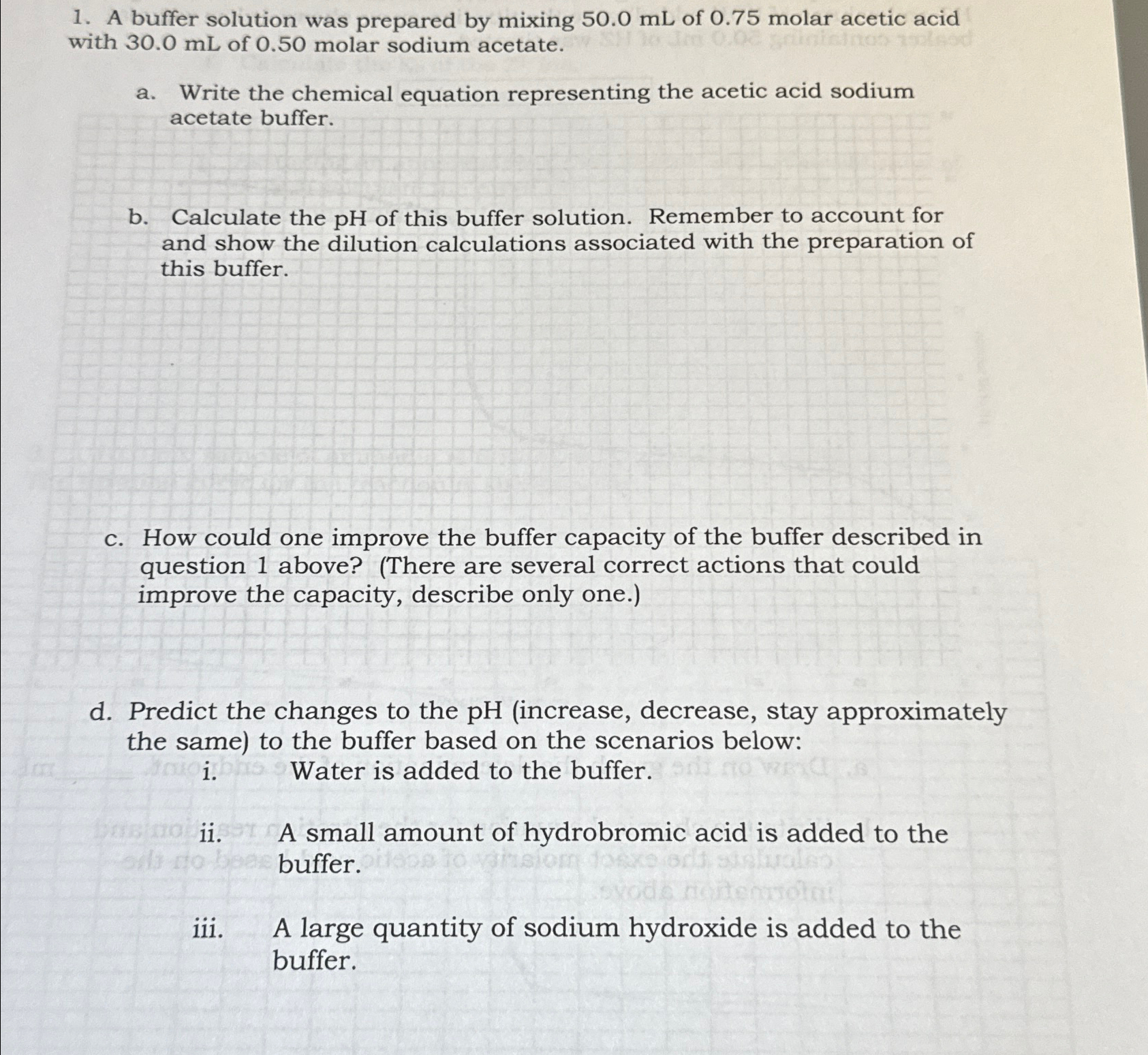 Solved A buffer solution was prepared by mixing 50.0mL ﻿of | Chegg.com