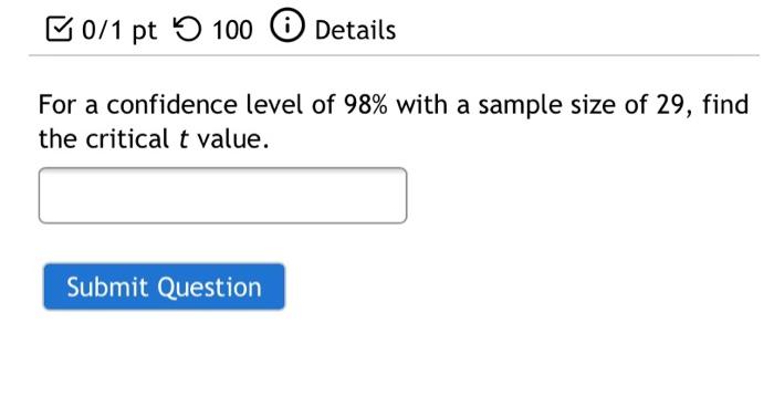 Solved 0/1 pt 5 100 Details For a confidence level of 98% | Chegg.com