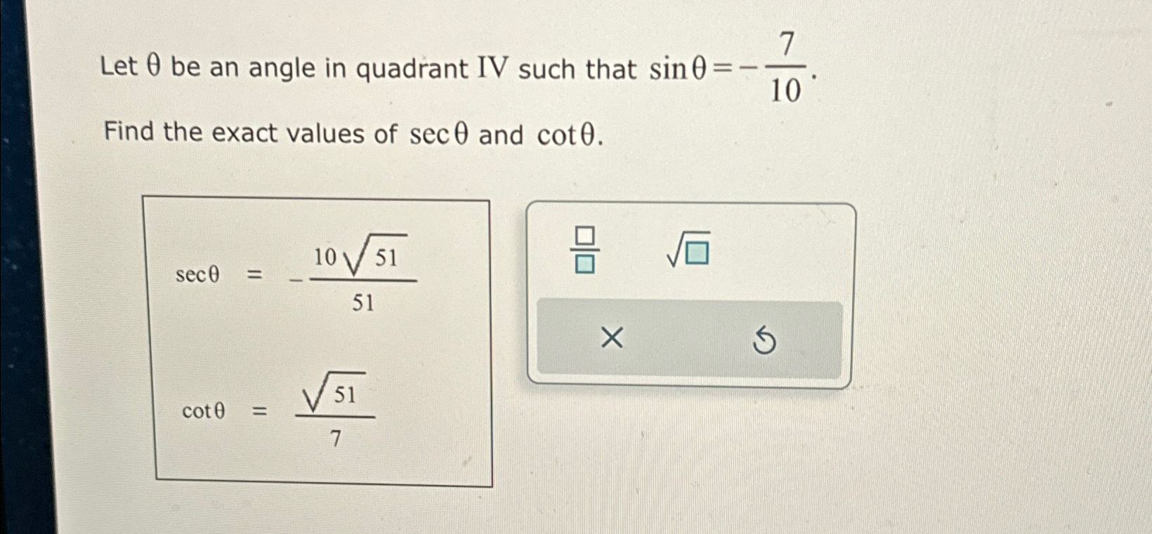 Solved Let θ ﻿be an angle in quadrant IV such that | Chegg.com