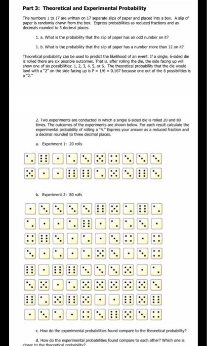 Solved Part 3: Theoretical and Experimental Probability The | Chegg.com