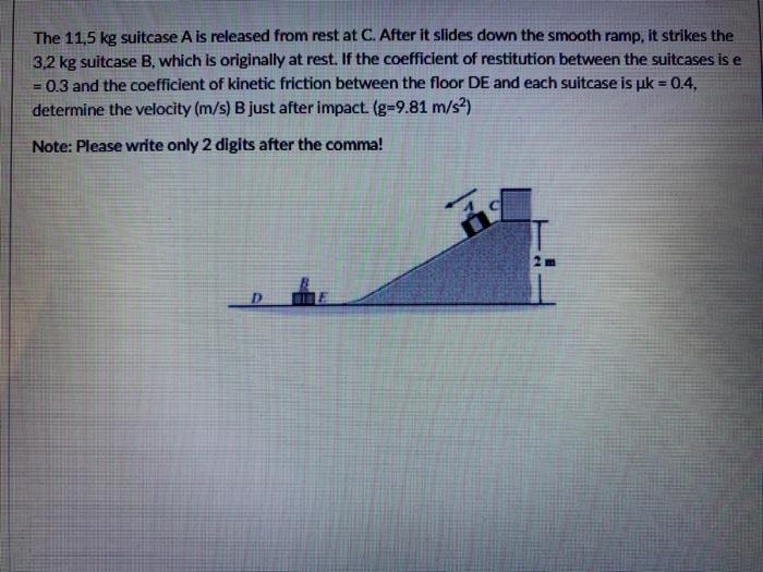 Solved The 11,5 kg suitcase A is released from rest at C. | Chegg.com