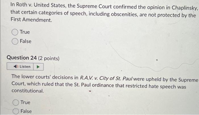 In Roth v. United States, the Supreme Court confirmed | Chegg.com
