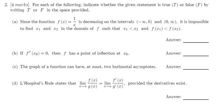 Solved 2. [4 marks] For each of the following, indicate | Chegg.com