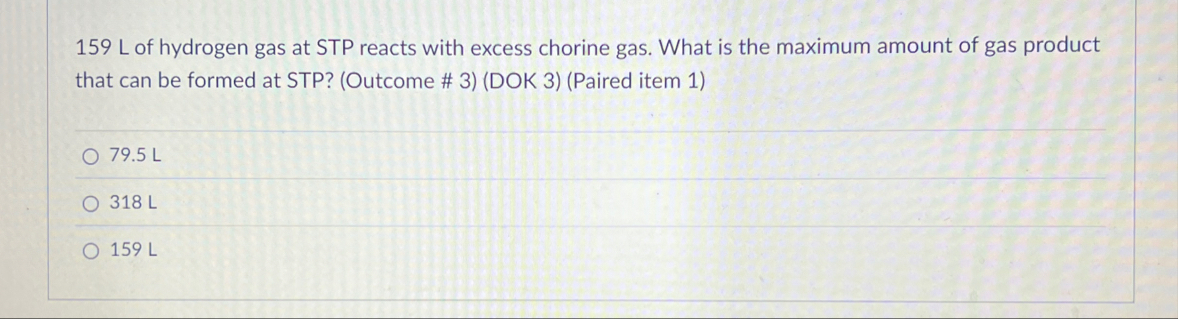 Solved 159 ﻿L of hydrogen gas at STP reacts with excess | Chegg.com