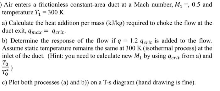 Solved Air enters a frictionless constant-area duct at a | Chegg.com