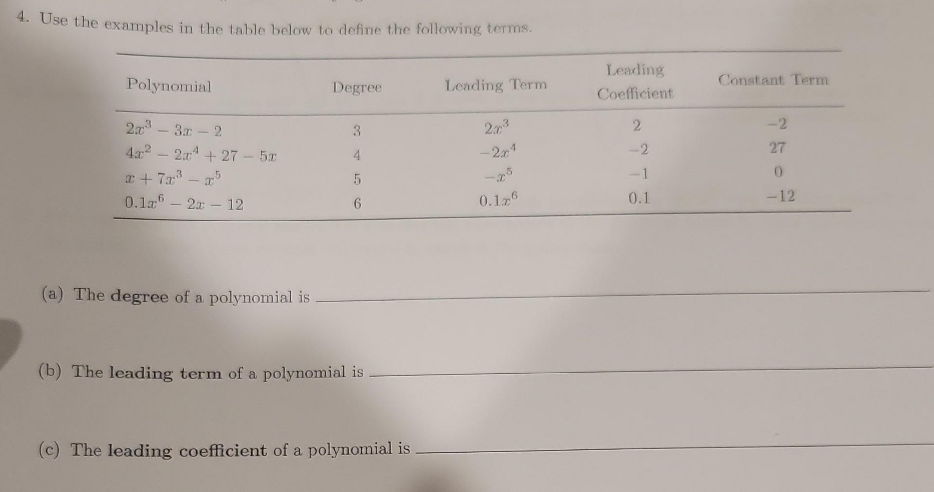 Solved 4. Use the examples in the table below to define the | Chegg.com