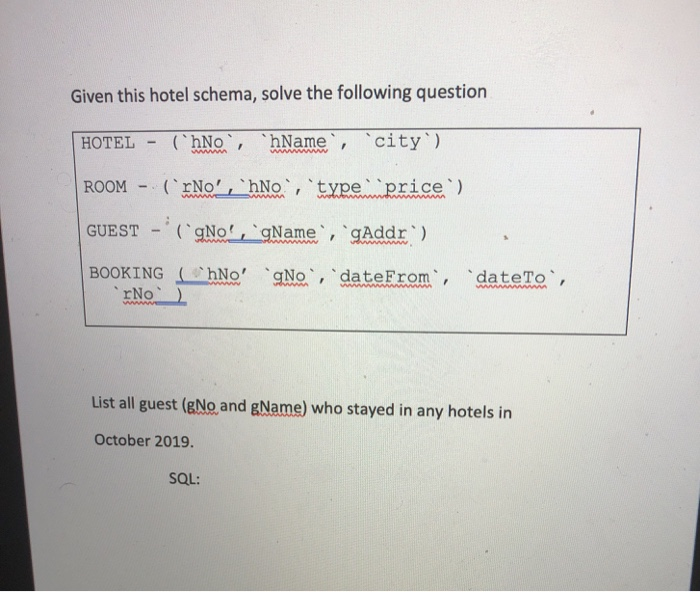 Solved Given this hotel schema, solve the following question | Chegg.com