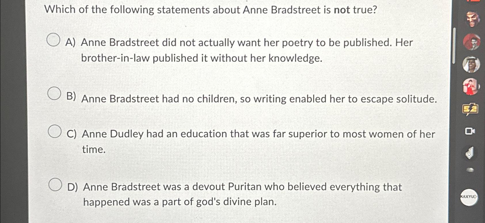 Solved Which of the following statements about Anne | Chegg.com