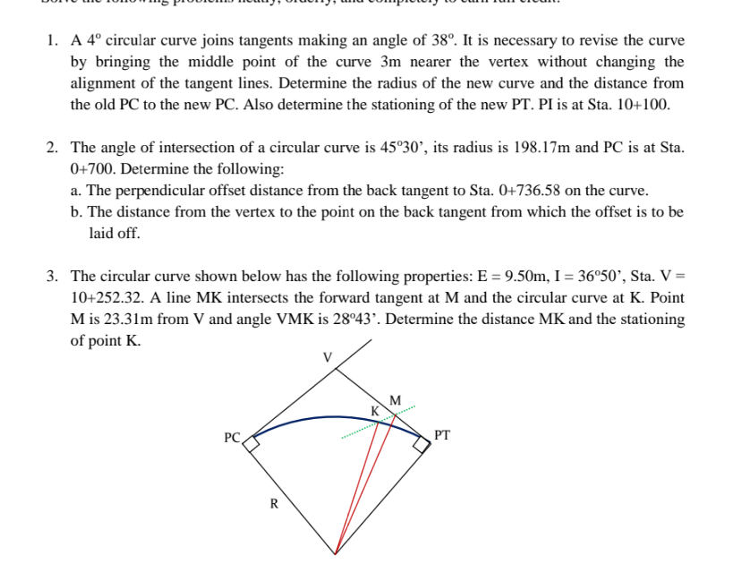 Solved A 4° ﻿circular curve joins tangents making an angle | Chegg.com