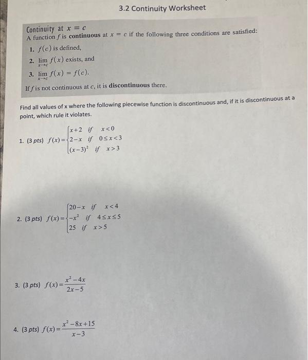 Solved Continuity at x=c A function f is continuous at x=c | Chegg.com