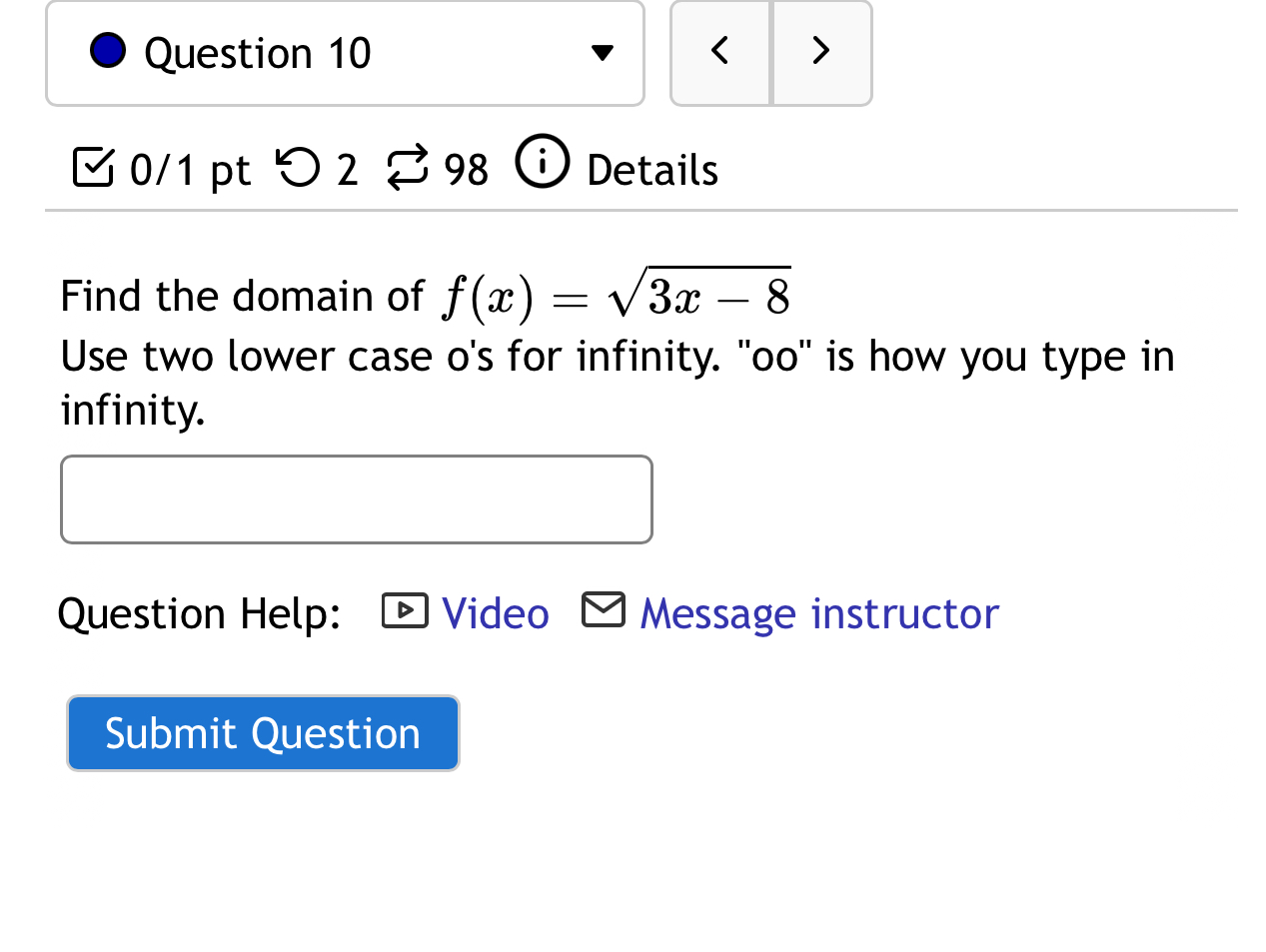 Solved Question 1001 ﻿pt 2⇄98DetailsFind the domain of | Chegg.com