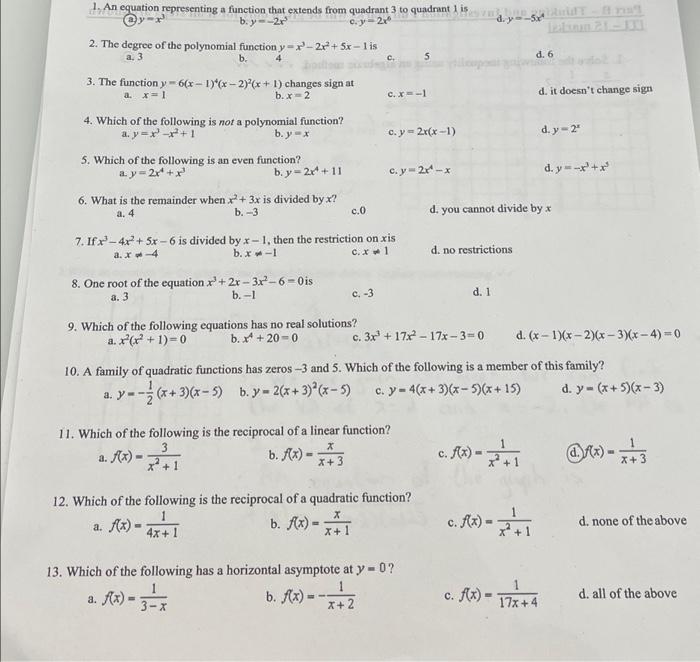 Solved 1. An equation representing a function that extends | Chegg.com
