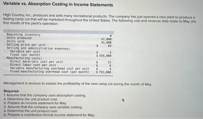 Solved Variable vs. Absorption Costing in Income Statements | Chegg.com